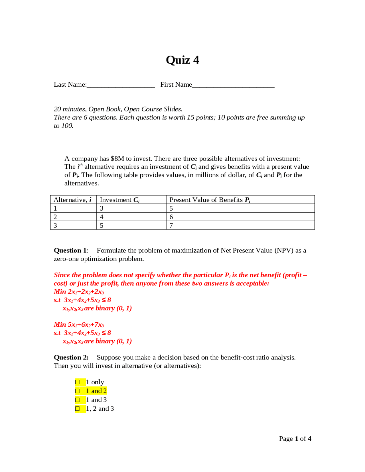 Quiz 4 With Solution Advanced Engineering Economy Ein 6357 Docsity