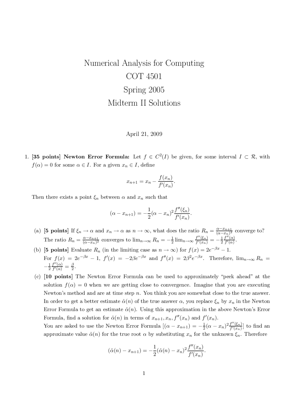 Midterm Ii Solutions For Numerical Analysis For Computing Cot 4501 Exams Computer Science