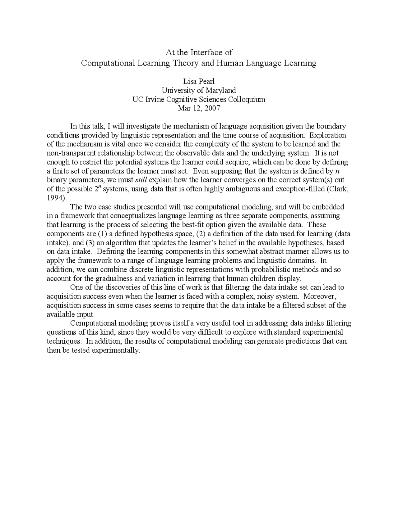 At The Interface Of Computational Learning Theory And Human Language Learning Dance 12 Docsity