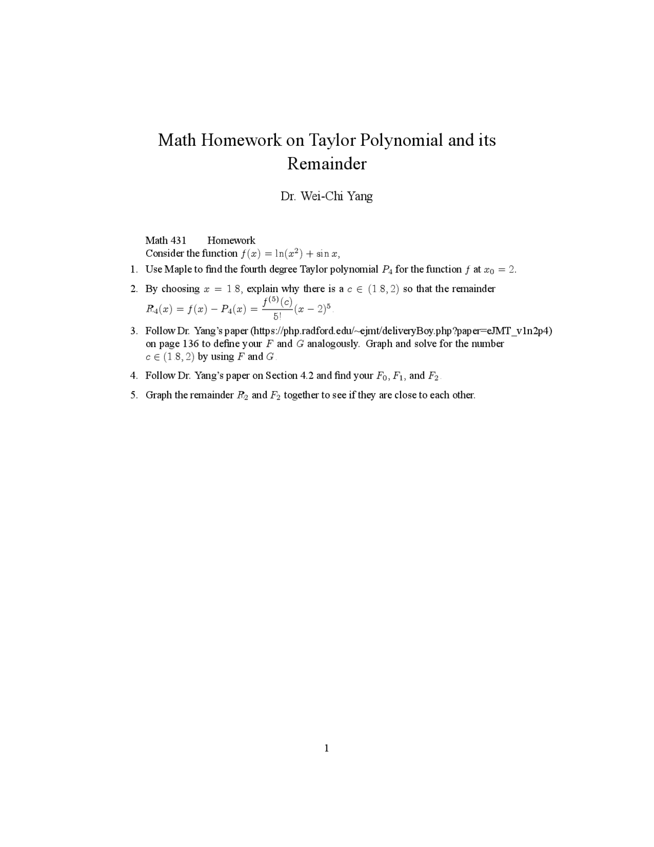 Math Homework on Taylor Polynomial and it Remainder | MATH 431 ...