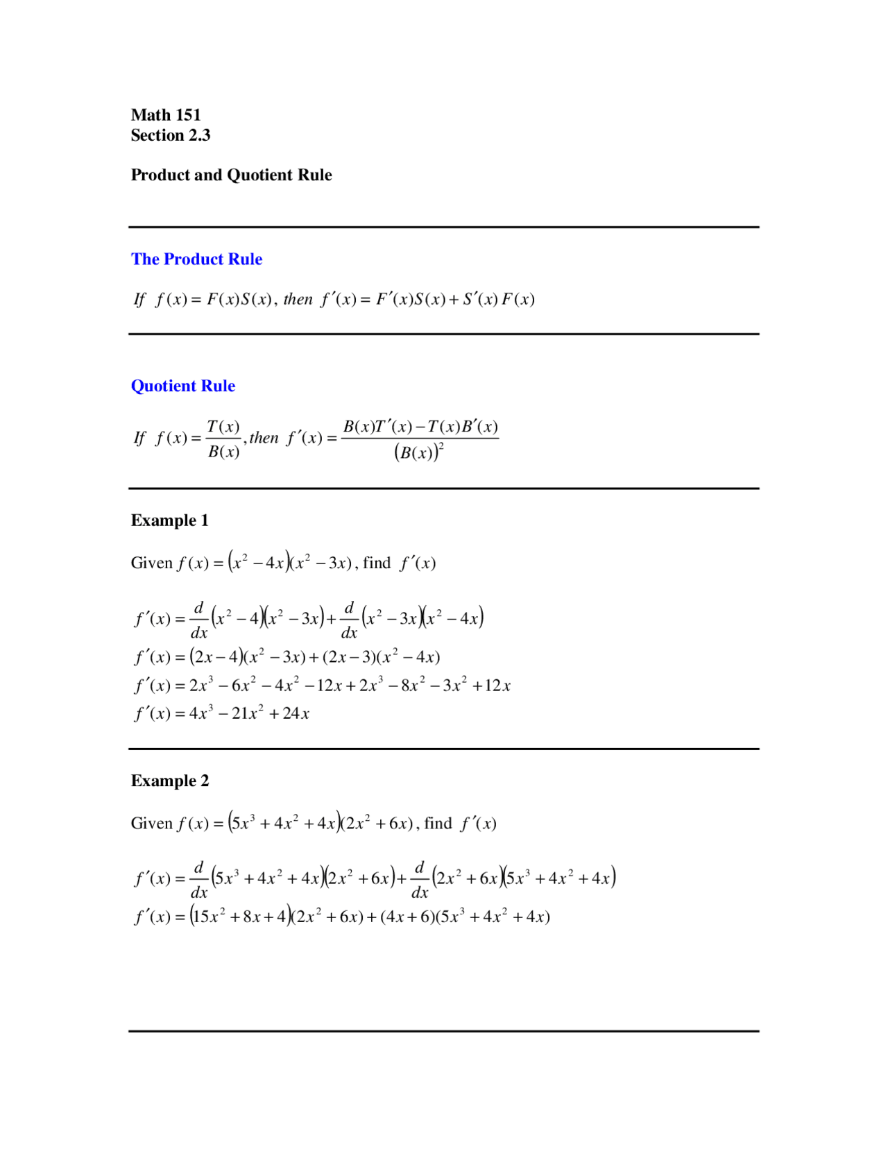 Product and Quotient Rule Derivatives: Examples and Calculations - Prof ...