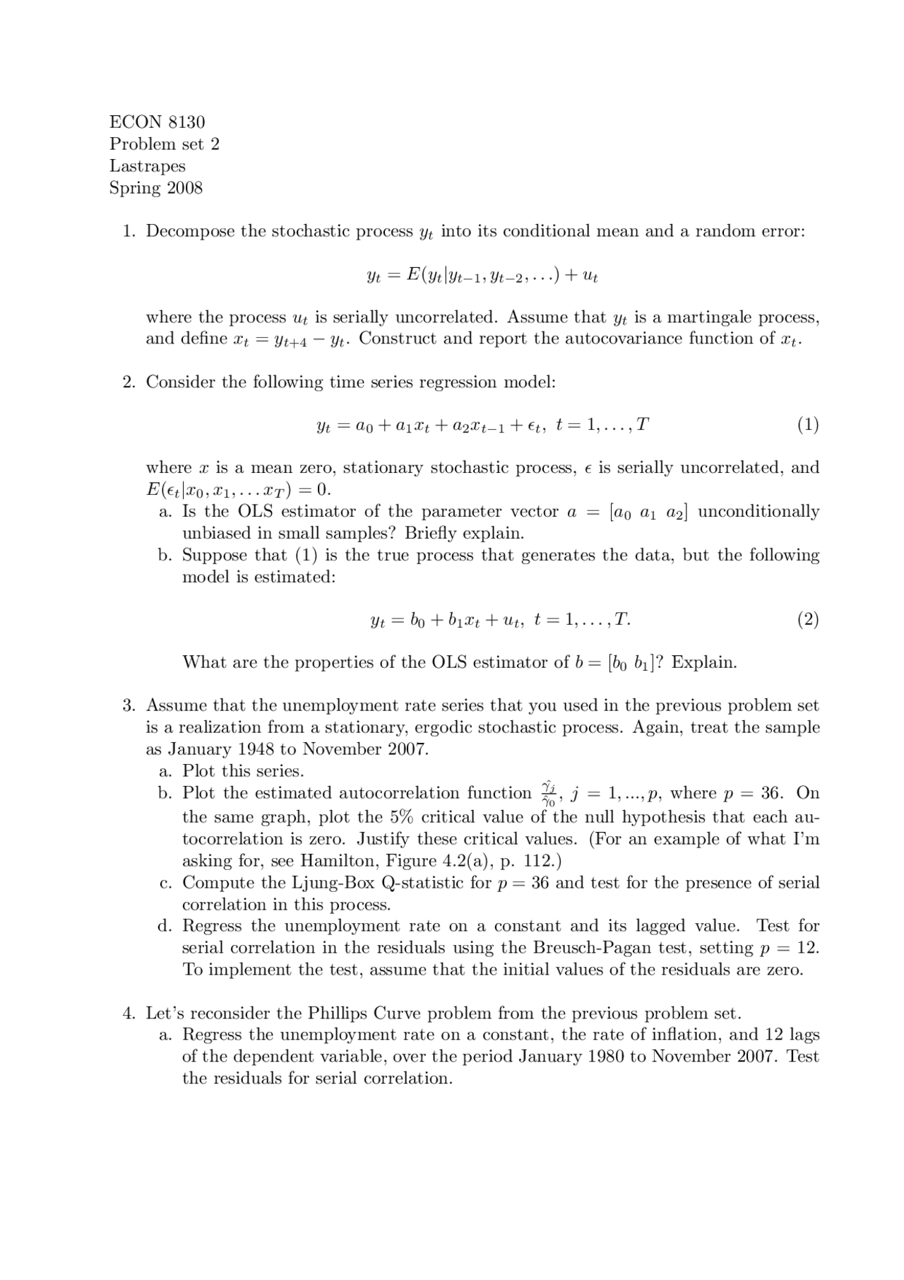 Problem Set 2 For Econ 8130 Time Series Econometrics Assignments