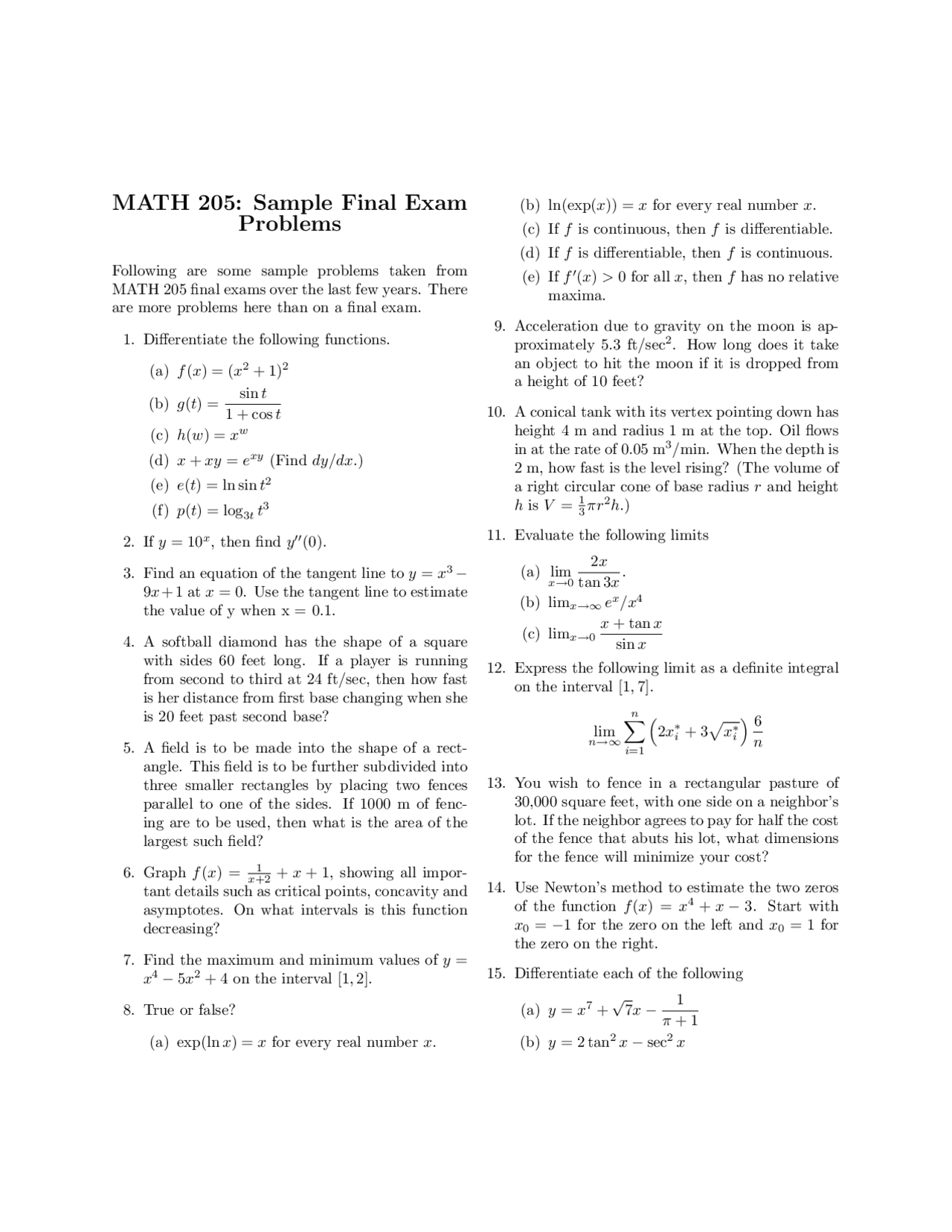 Sample Final Exam Problems Honors Calculus I Math 205 Docsity