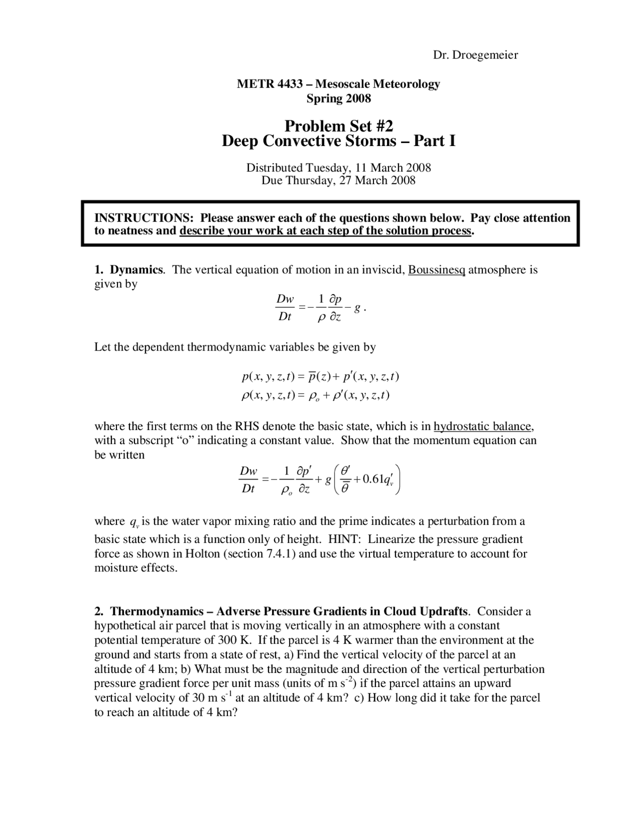 Problem Set 2 Mesoscale Meteorology Metr 4433 Docsity