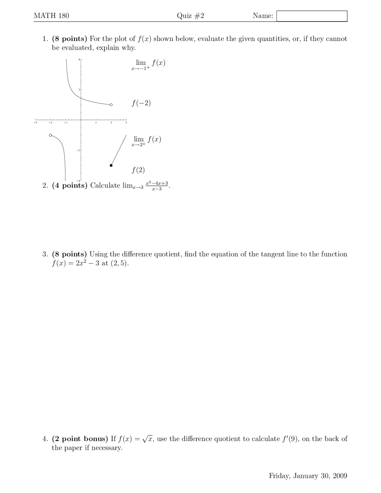 Calculation of Limit and Function - Quiz 2 | MATH 180 - Docsity