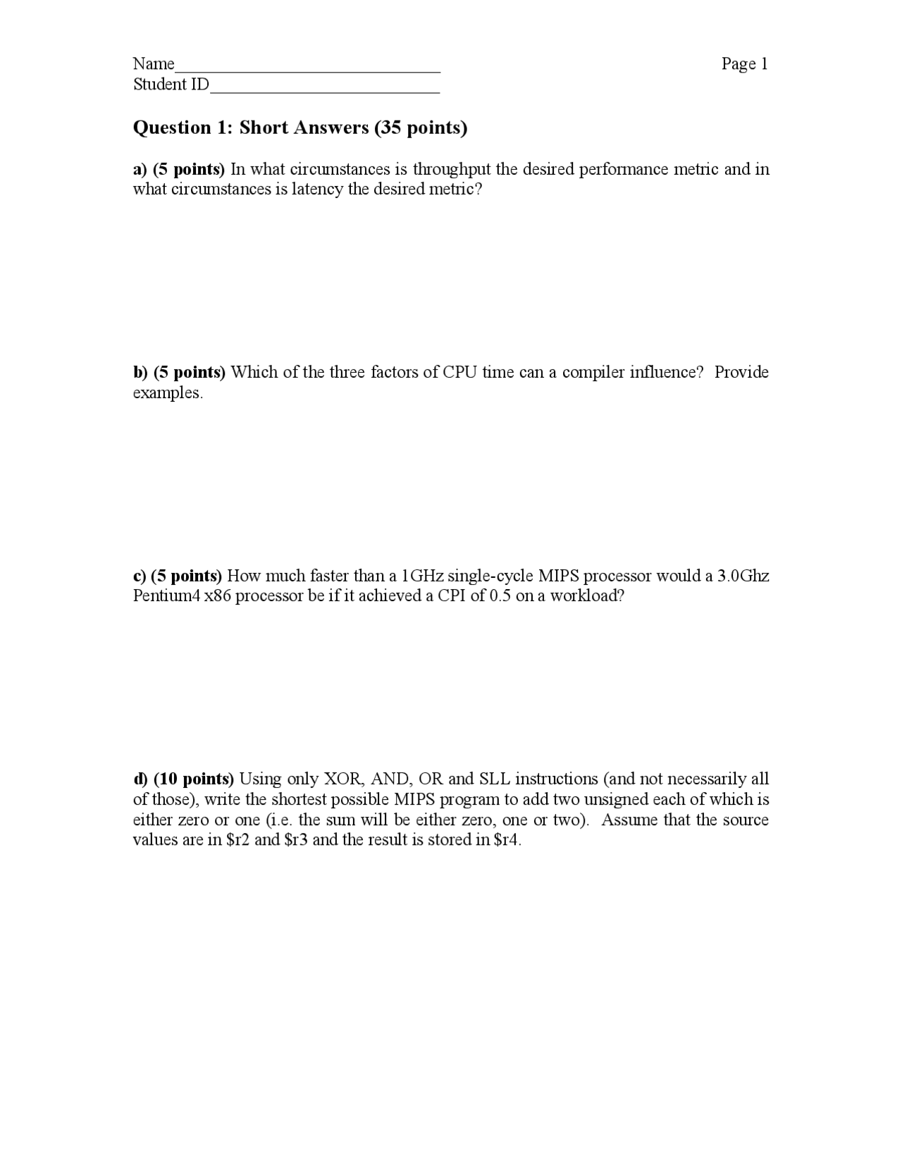 Practice Questions For Midterm Exam Introduction To Computer Architecture Ece 154 Docsity