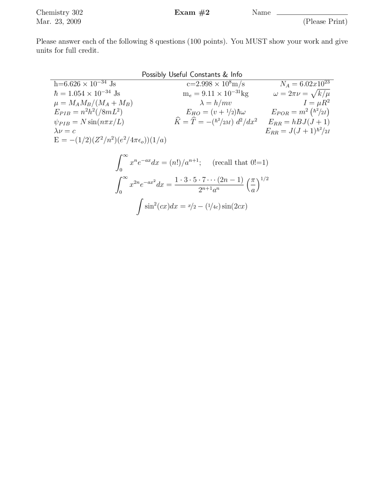 Exam 2 Questions With Cheat Sheet Physical Chemistry Ii Chem 302