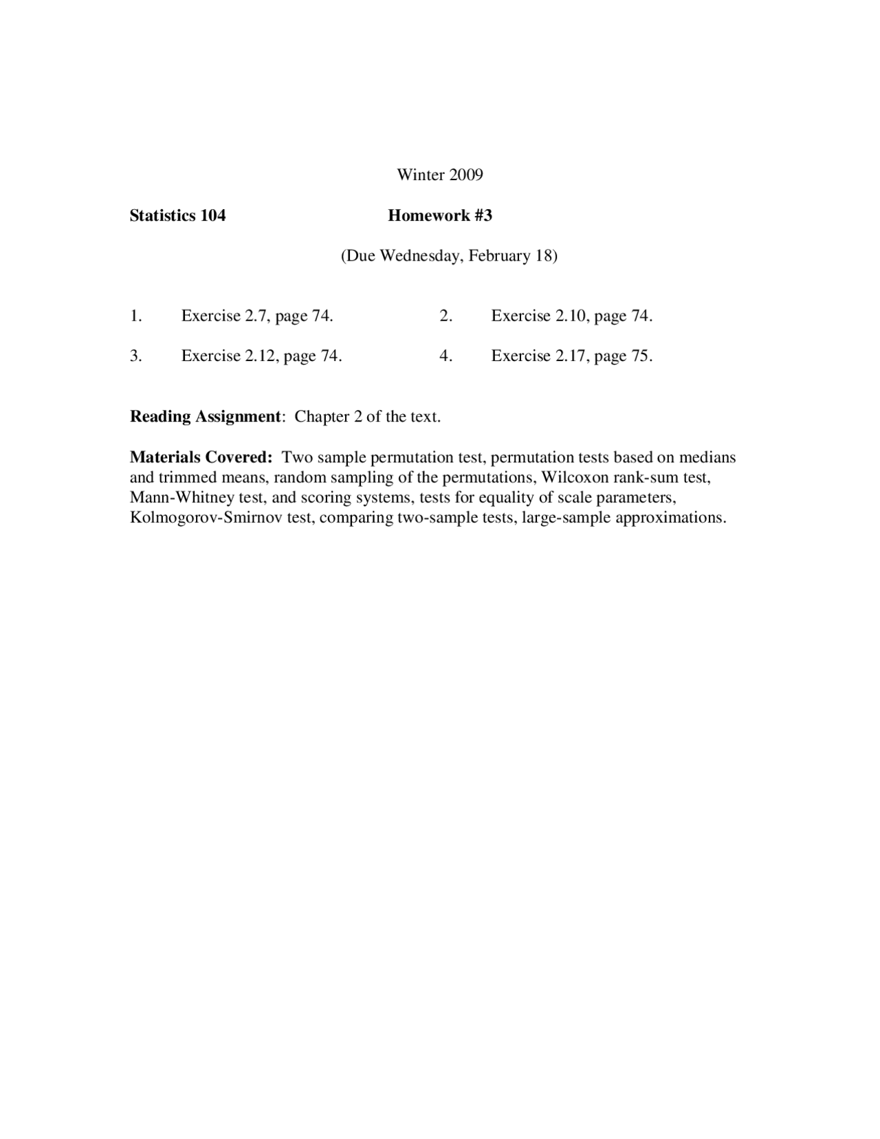 Exercises Questions For Assignment 3 Nonparametric Statistics Sta 104 Docsity