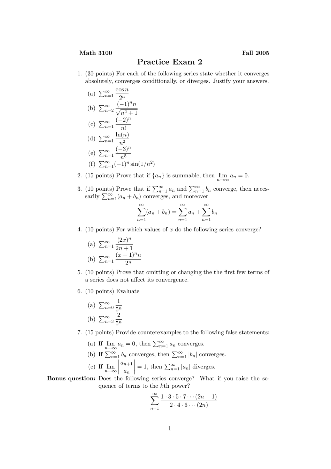 Practice Exam 2 Questions Sequences And Series Math 3100 Docsity