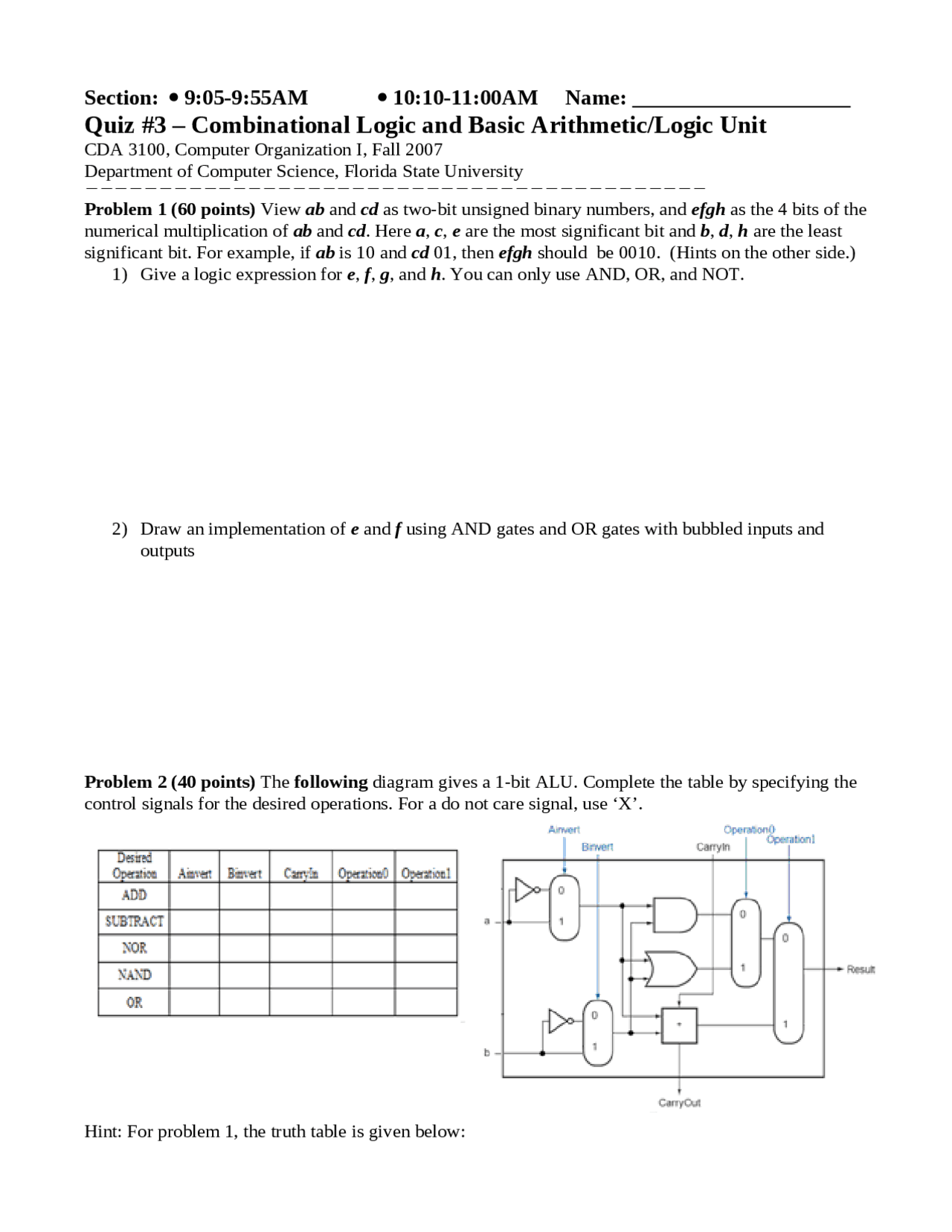 Quiz 3 For Combinational Logic And Basic Arithmetic And Logic Unit
