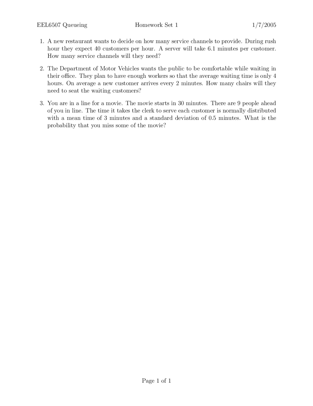 3 Problems On The Queuing Theory Assignment 1 Eel 6507 Docsity