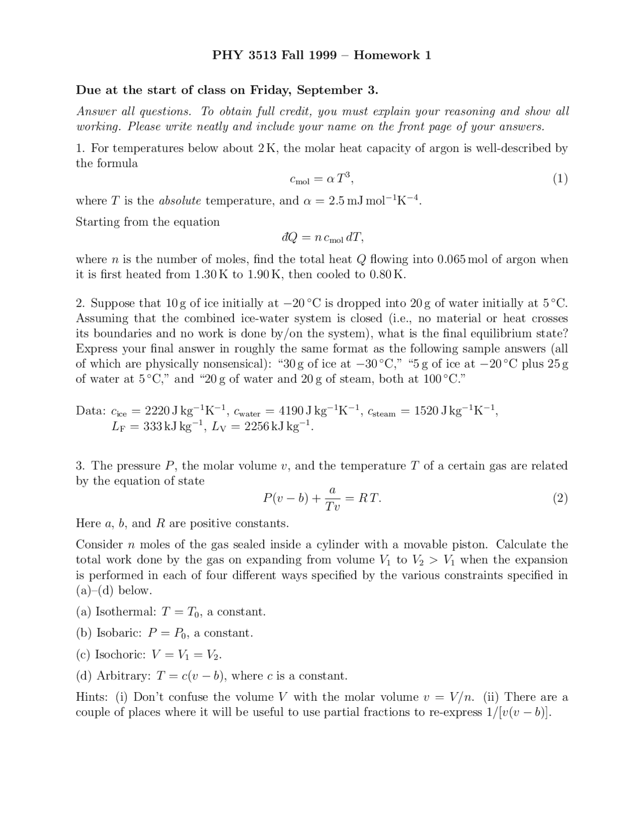 Practice Homework 1 Thermal Physics Phy 3513 Docsity