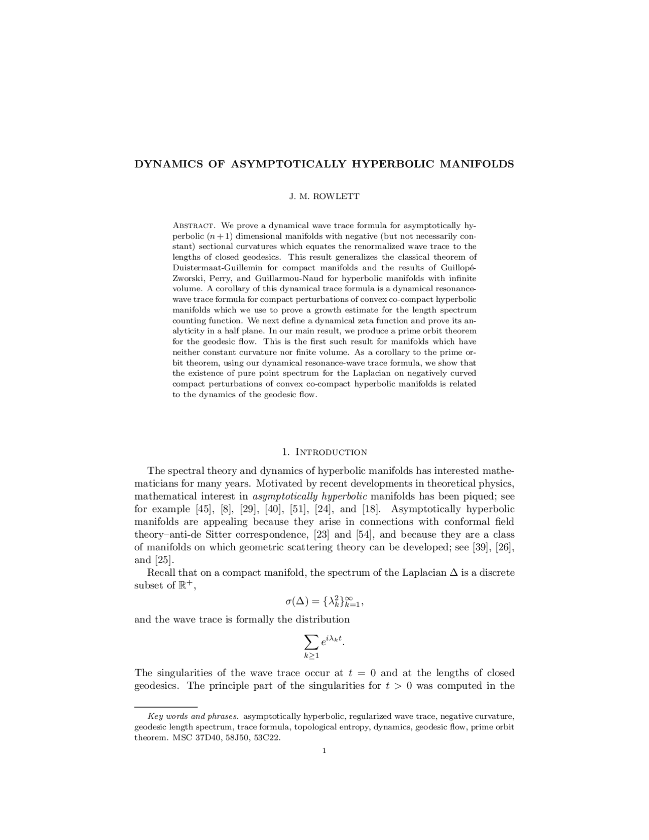 Dynamics Of Asymptotically Hyperbolic Manifolds Paper Math 145