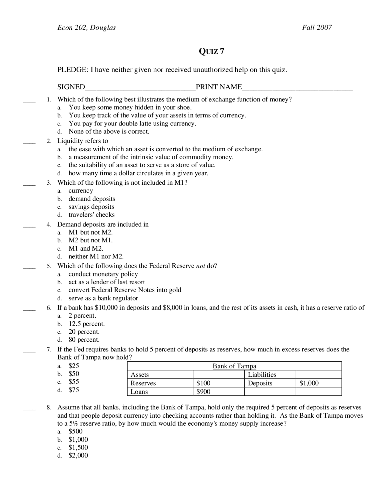Quiz 7 with Answer Key for Principles of Macroeconomics - Fall 2007 | ECON 202 | Quizzes ...