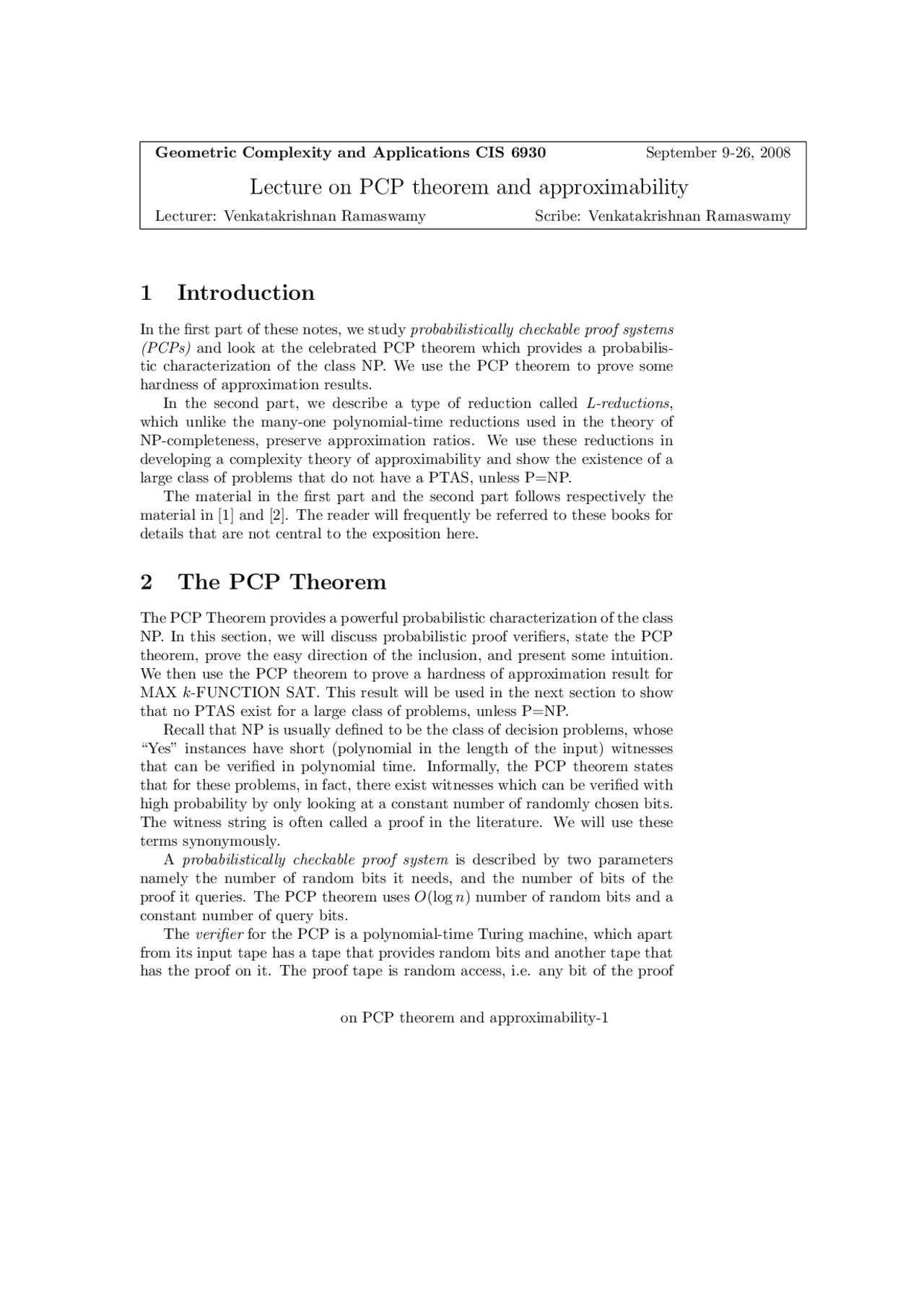 Lecture Notes for PCP Theorem and Approximability | CIS 6930 | Study ...