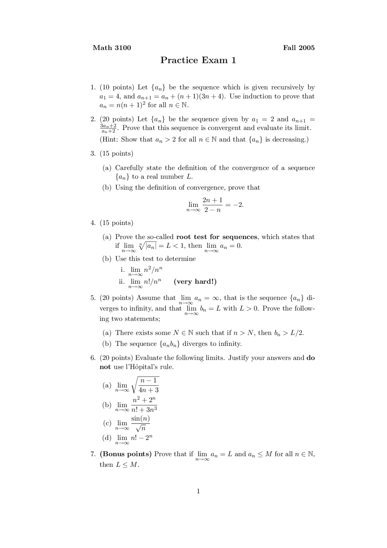 7 Questions On Sequences And Series Practice Exam 1 Math 3100 Docsity