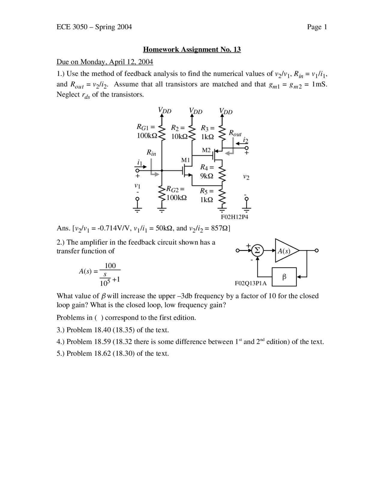 5 Problems On Method Of Feedback Analysis Homework Ece 3050 Docsity