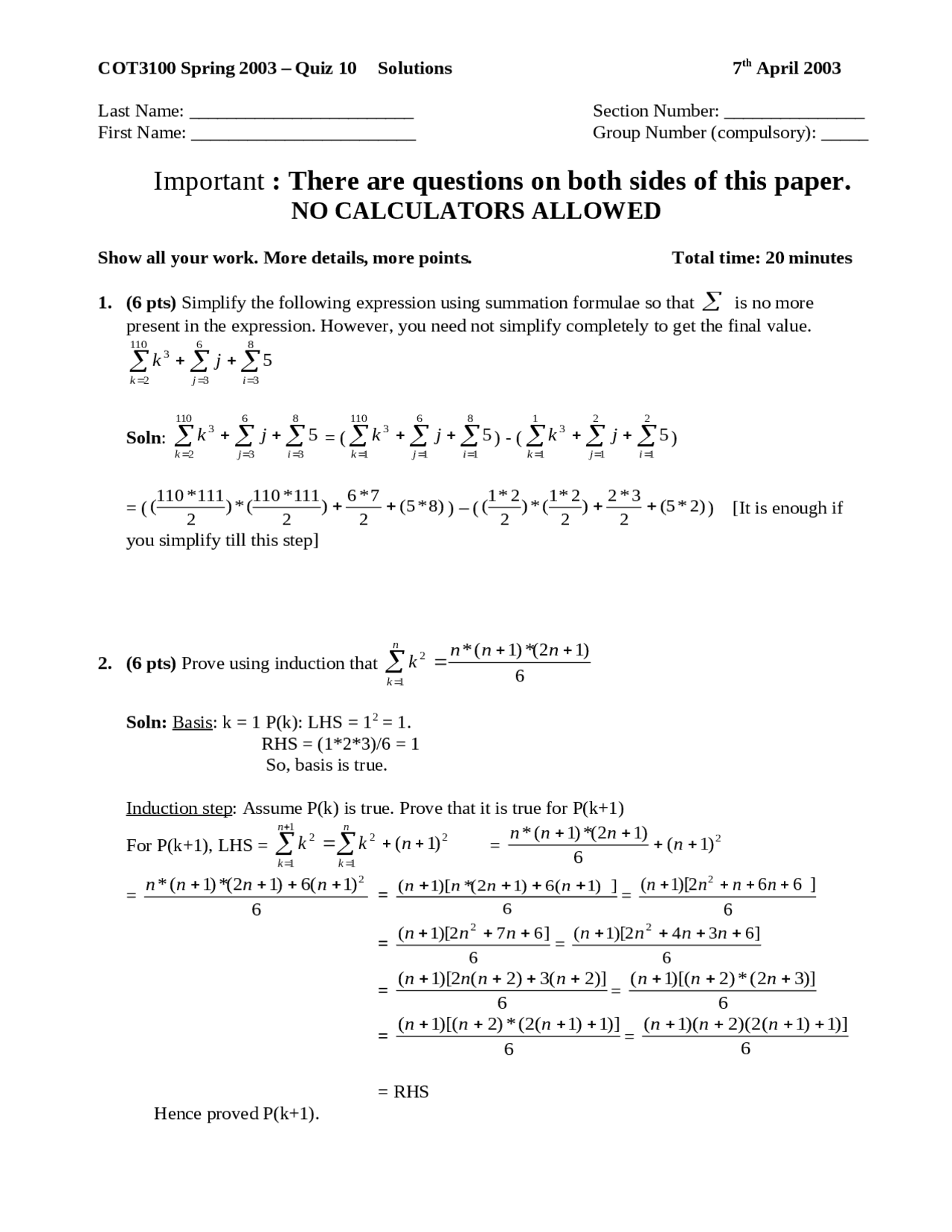 Quiz 10 With Solutions Applications Of Discrete Structures Cot 3100 Docsity