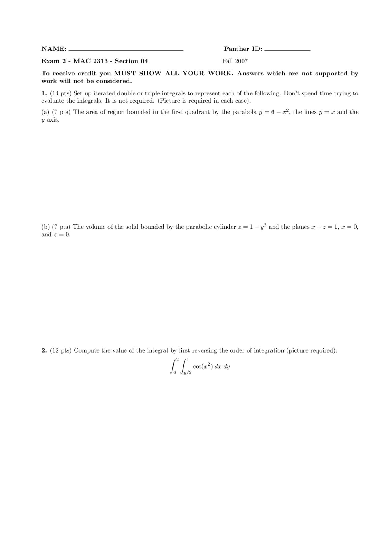Multivariable Calculus Exam 2 Questions Mac 2313 Docsity