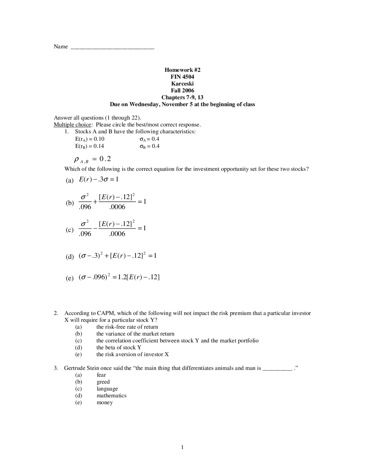 Assignment 2 For Portfolio Theory Fin 6526 Docsity