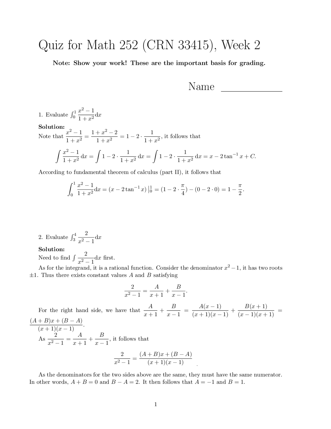 Practice Quiz With Resolution Calculus Ii Math 252 Docsity