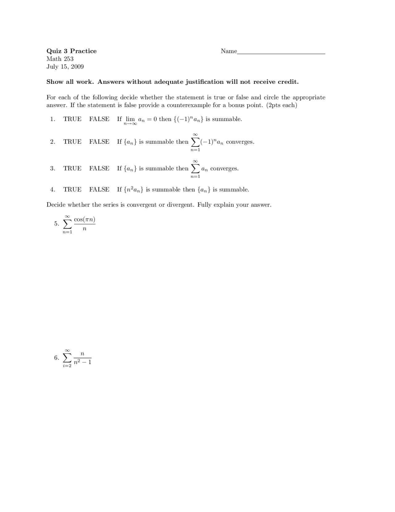 Quiz 3 Practice for Calculus III | MATH 253 - Docsity