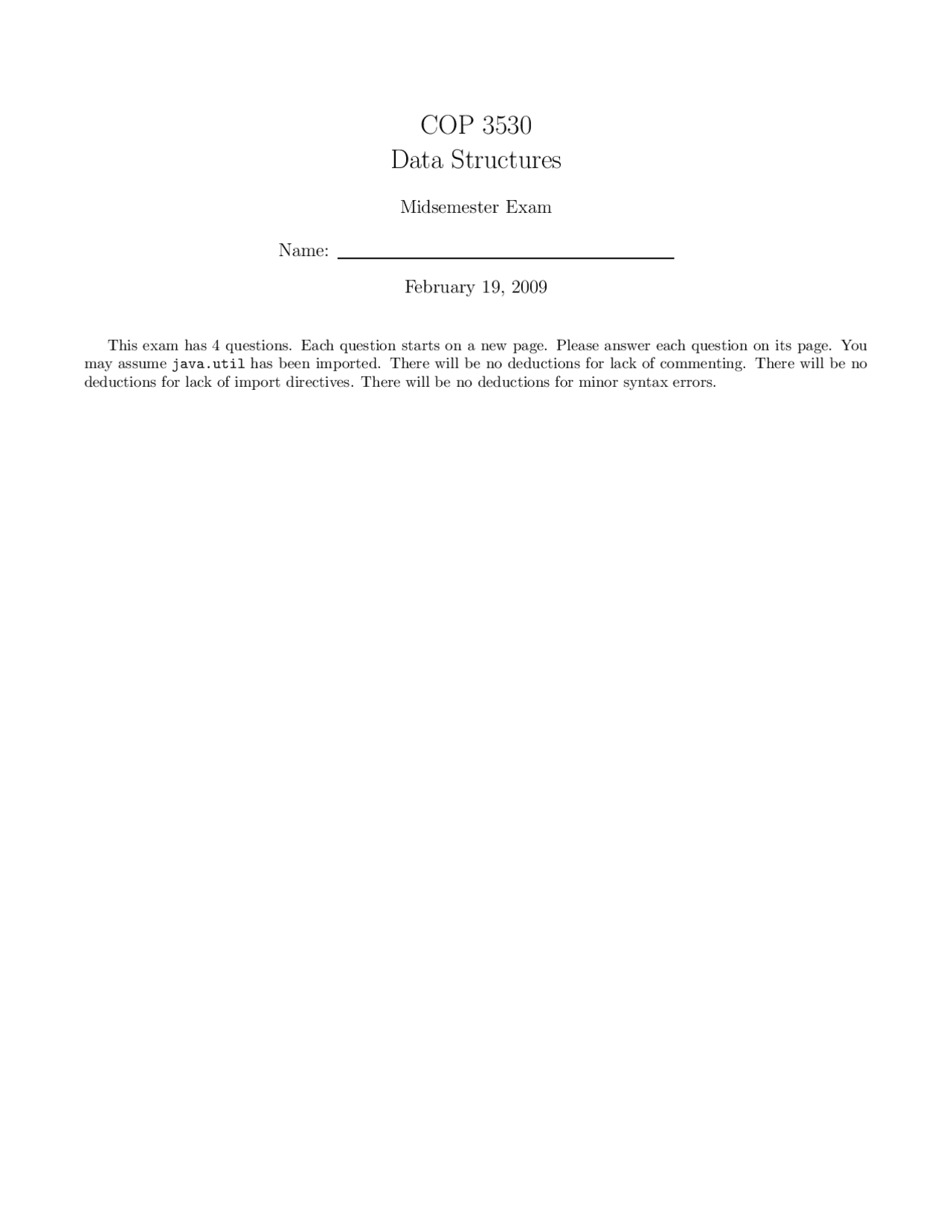 4 Questions On Data Structures Midterm Exam 1 Cop 3530 Docsity