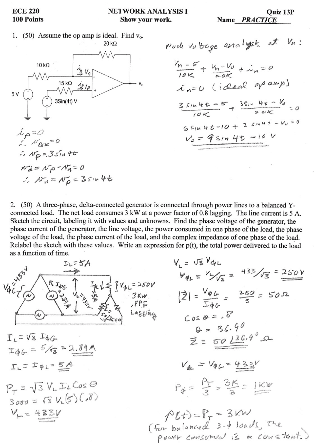 Solution Of Quiz 13 On Operational Amplifier Network Analysis Ece