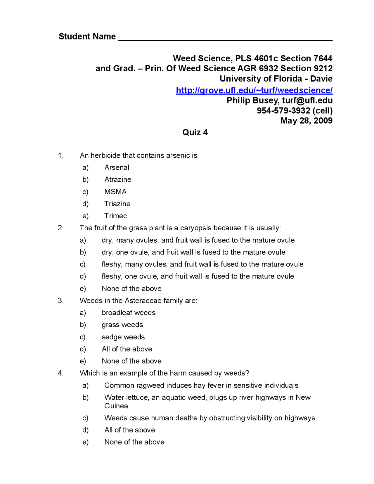 Weed Science Quiz 4 Questions Pls 4601c Docsity