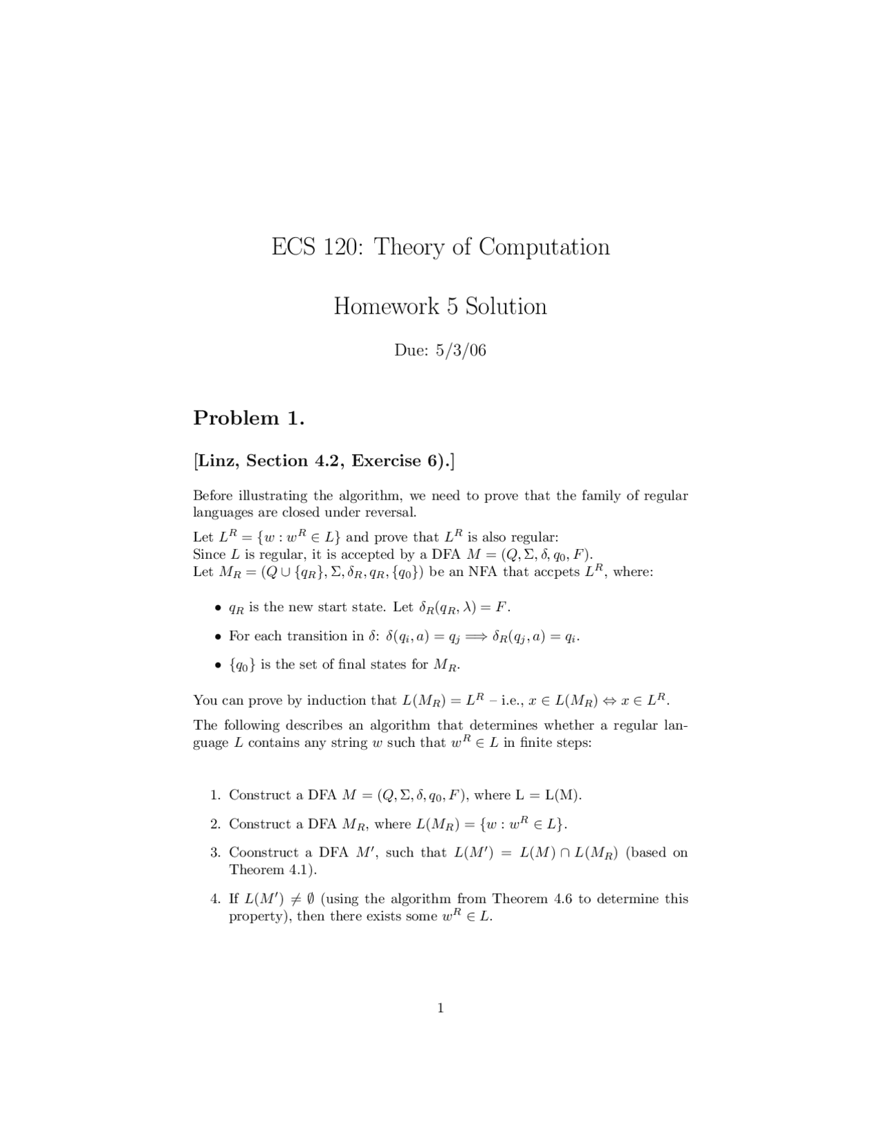 Homework 5 Solutions Theory Of Computation Ecs 120 Docsity
