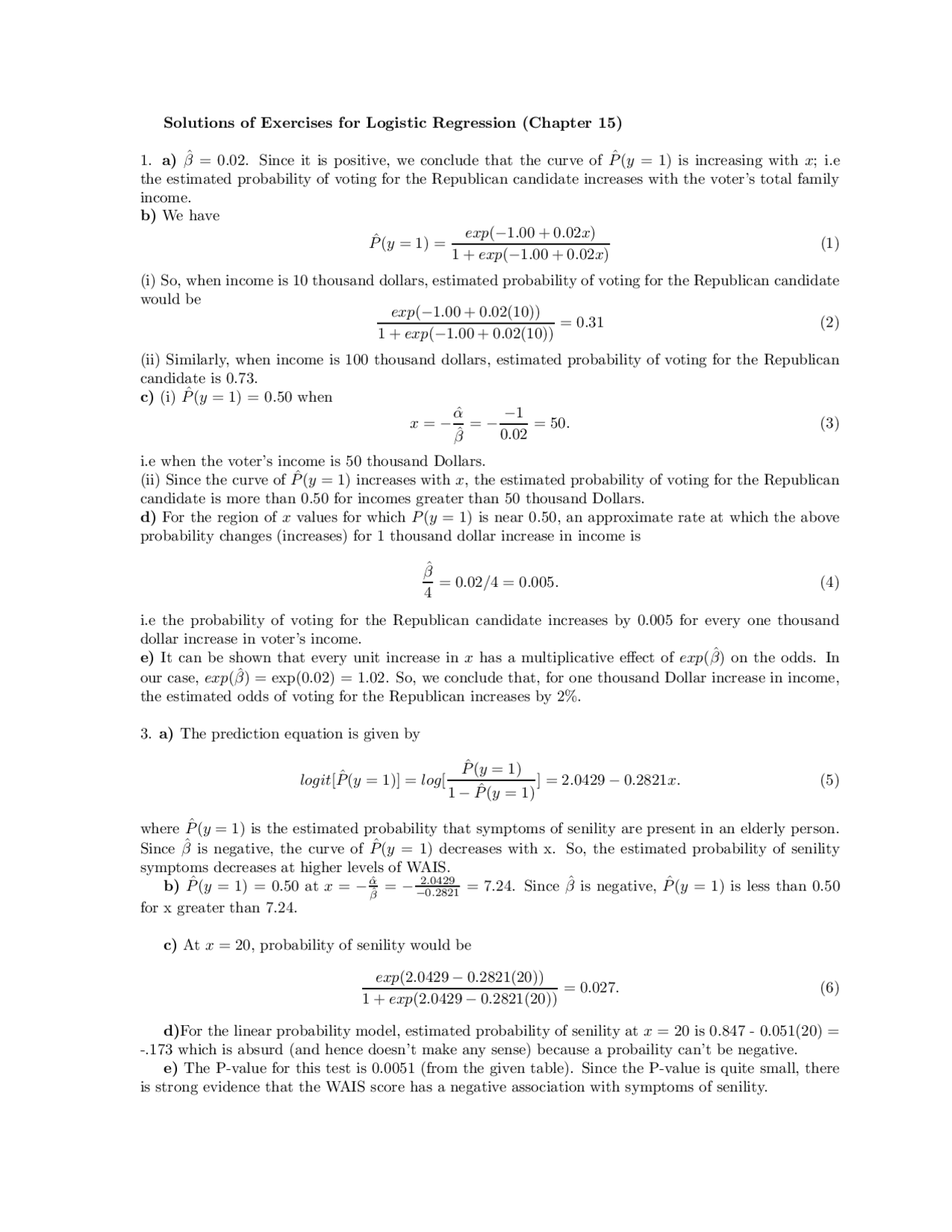 Solutions Of Exercises For Logistic Regression Sta 6127 Docsity