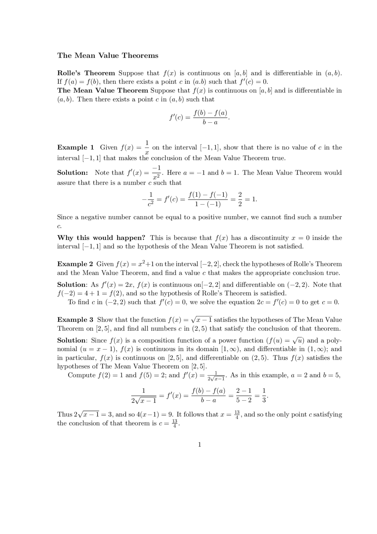 The Mean Value Theorem, Roll's Theorem - Calculus 1 - Notes | MATH 155 ...