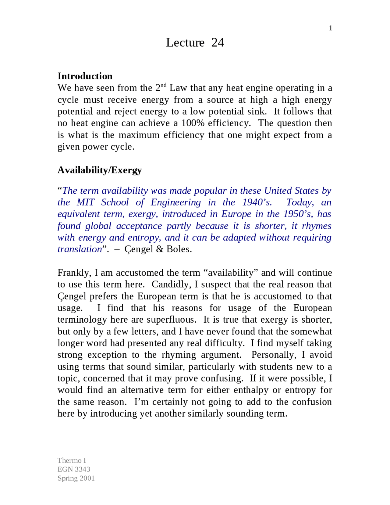 Availability Energy Thermodynamics 1 Lecture Notes Egn 3343