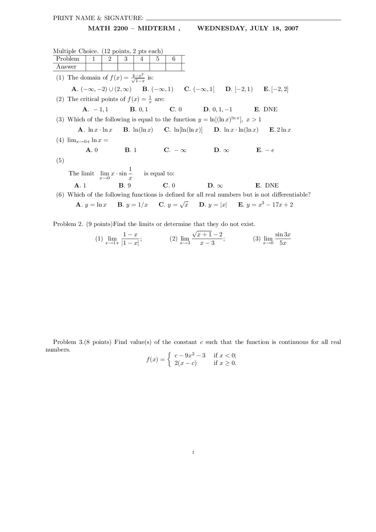 Midterm Exam 2 Analytic Geometry And Calculus 9 Problems Math