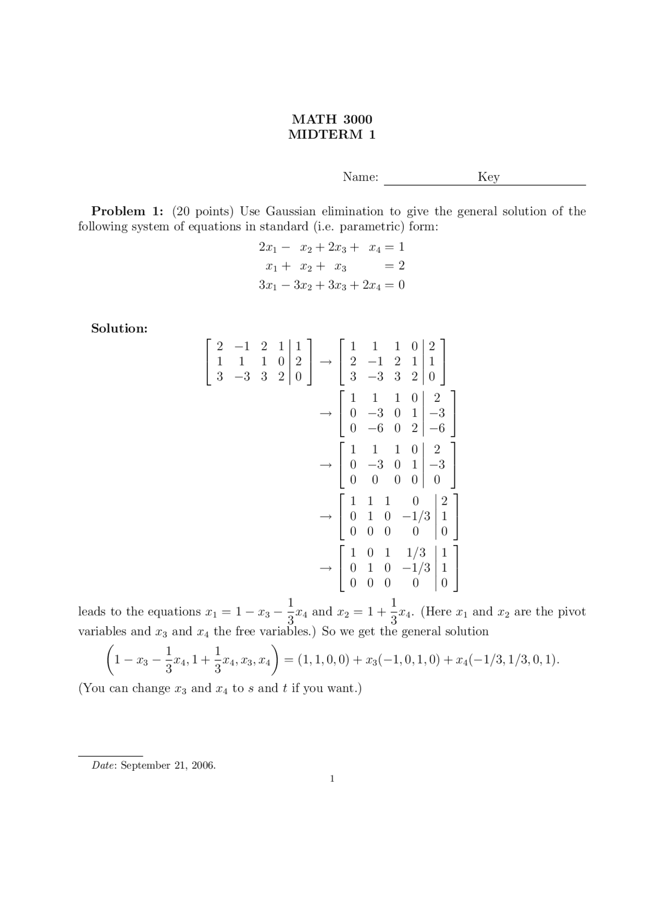 Midterm 1 Answer Key | Introduction to Linear Algebra | MATH 3000 - Docsity