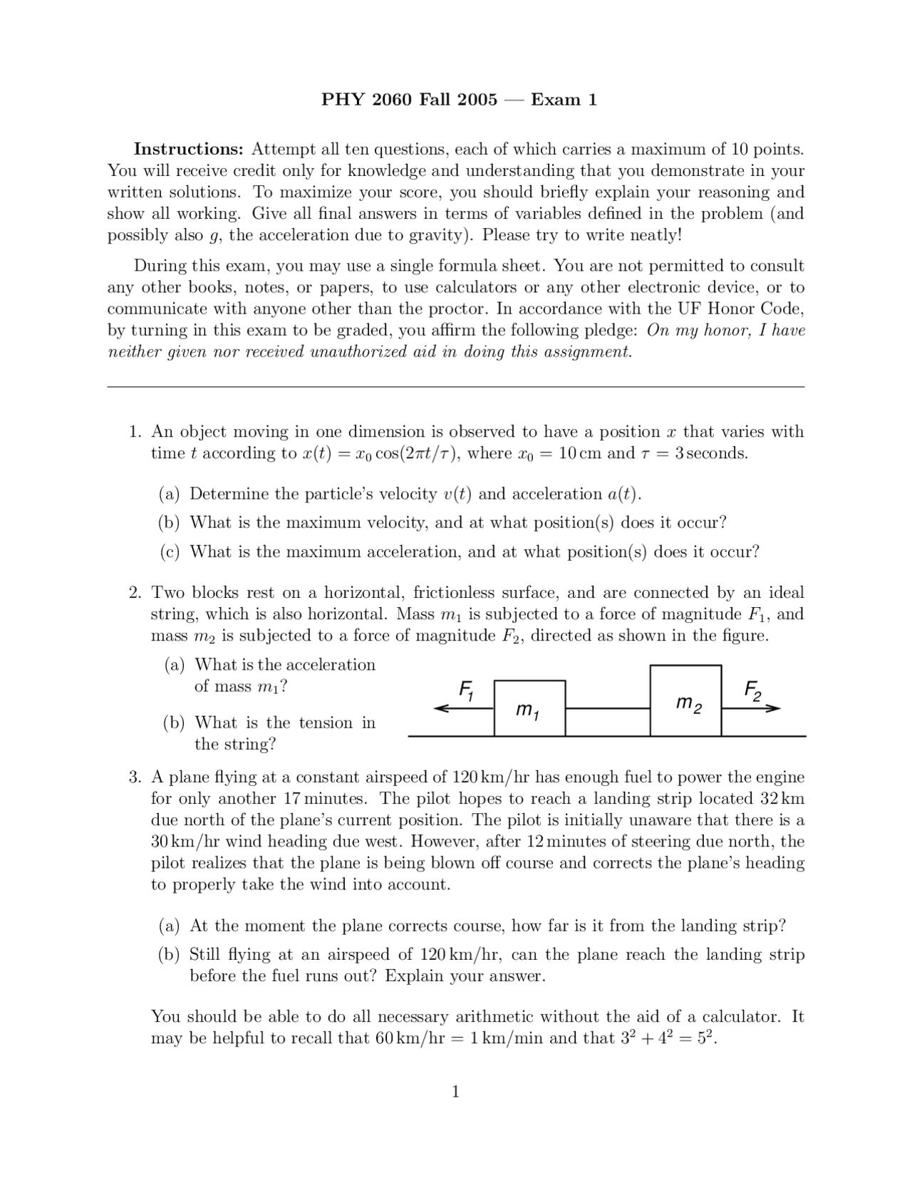 Exam 1 Questions Enriched Physics With Calculus I Phy 2060 Docsity