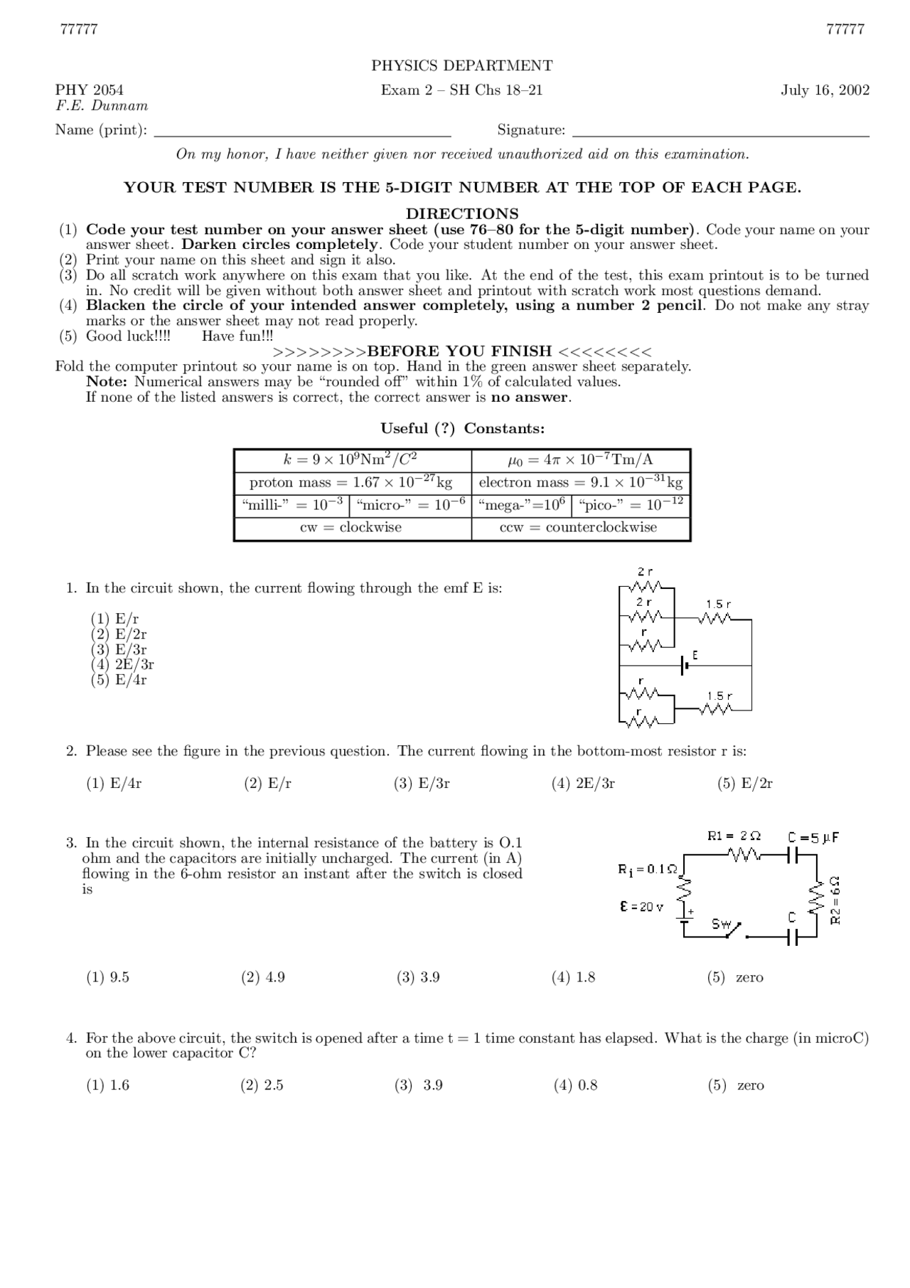20 Multiple Choice Questions - Exam 2 | Physics II | PHY 2054 | Exams Physics | Docsity