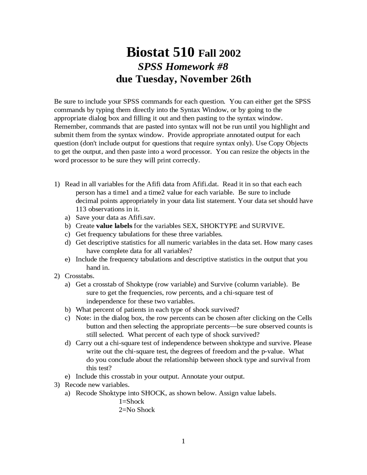 Spss Homework Viii On Statistical Computer Biostat 510 Docsity