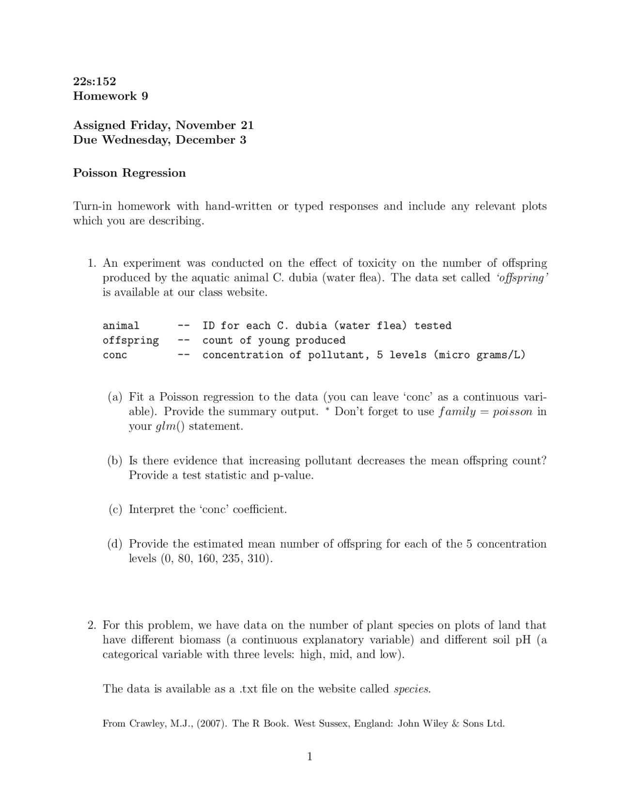 Poisson Regression - Applied Linear Regression - Homework 9 | 22S 152 - Docsity