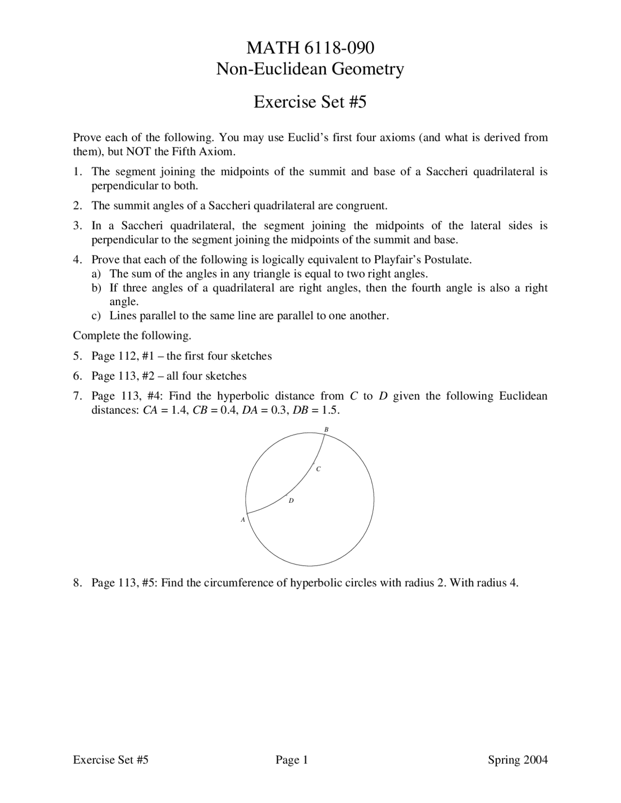 Non Euclidean Geometry Assignment 5 Math 6118 Docsity