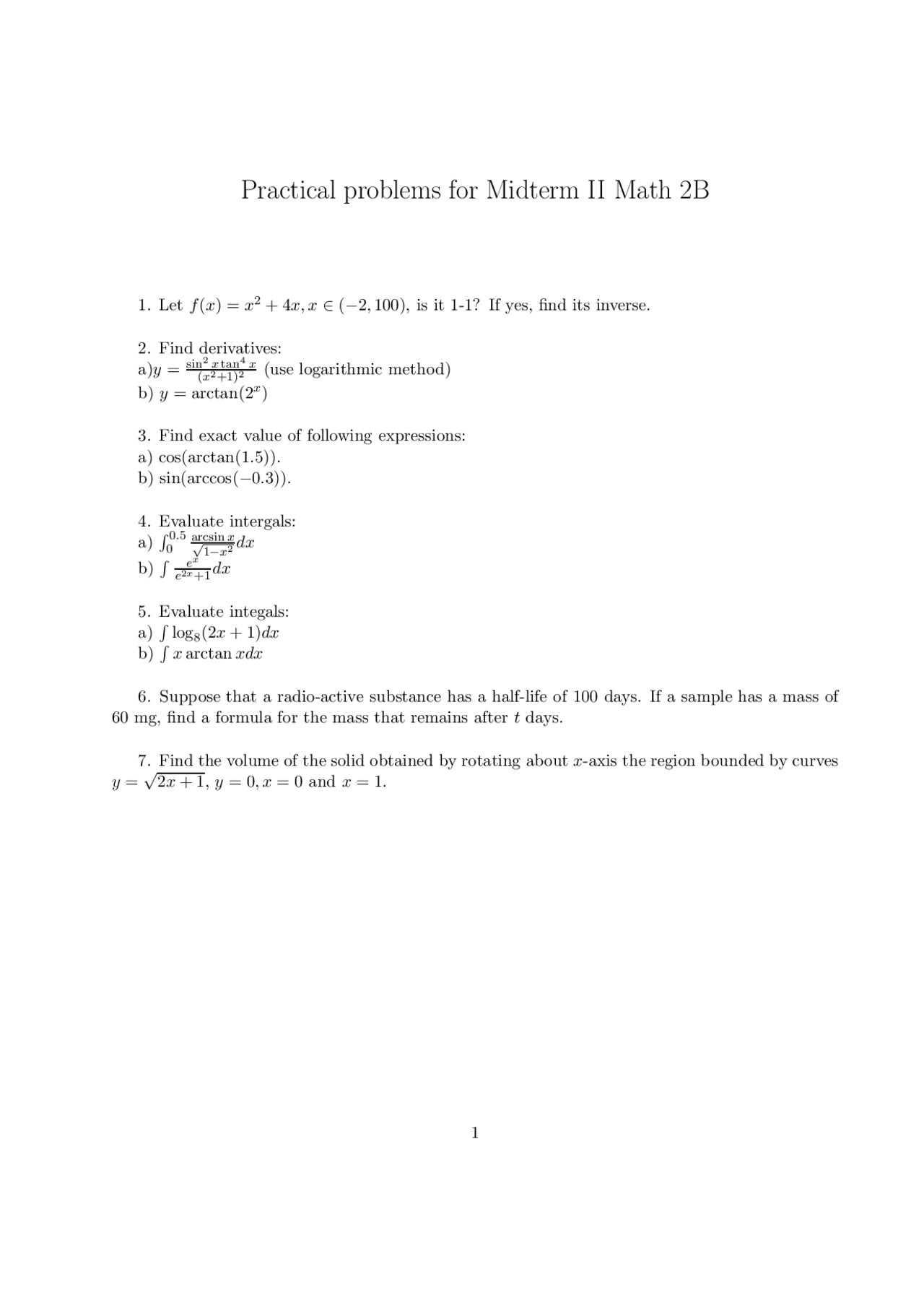 7 Problems On Calculus Midterm Exam Math 2 Docsity