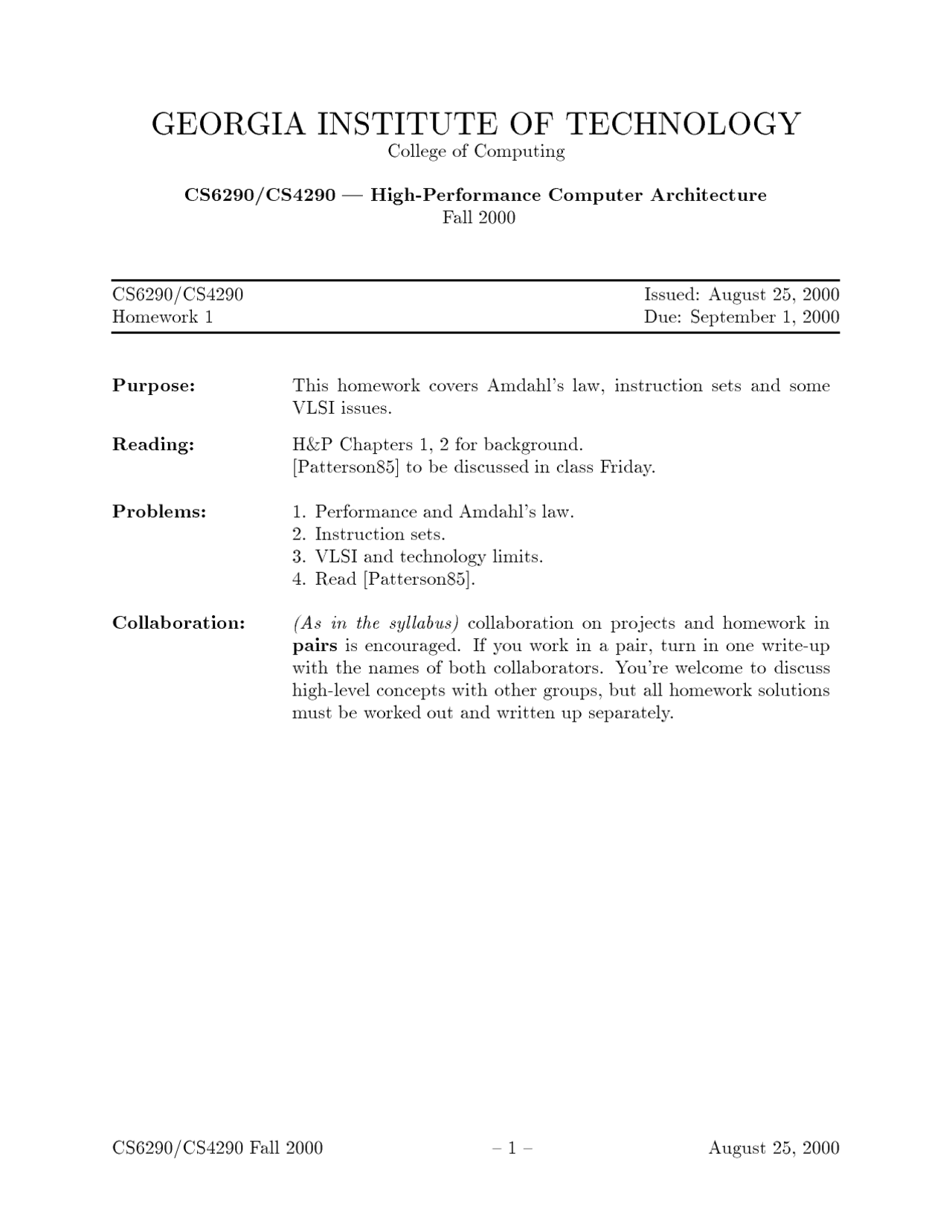 Homework Set 1 on High Performance Computer Architecture - Fall 2000 | CS 6290 | Assignments ...