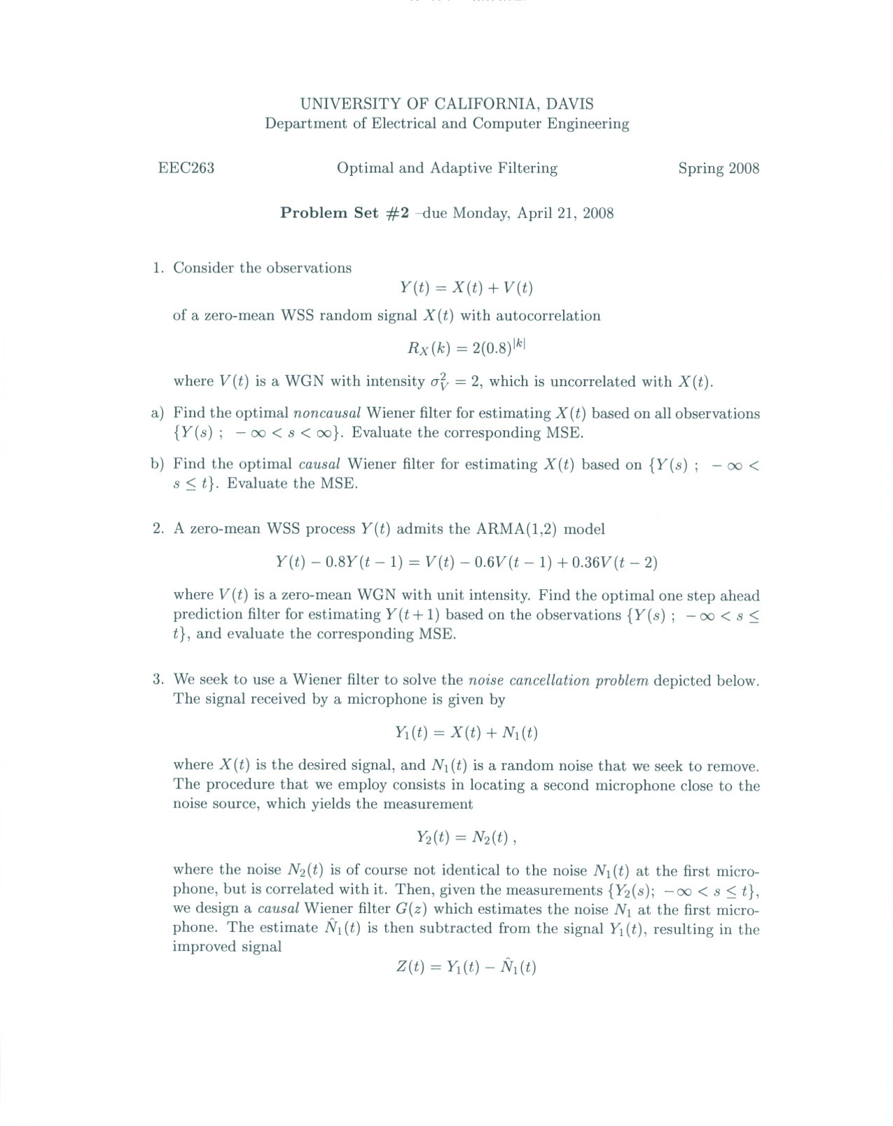 Problem Set 2 With Solutions For Optimal And Adaptive Filtering Eec