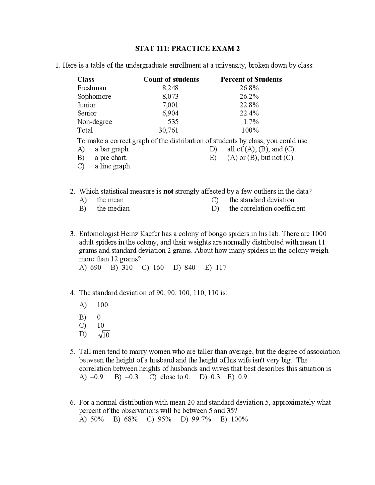 Questions For Practice Exam 2 Understanding Statistics Stat 111