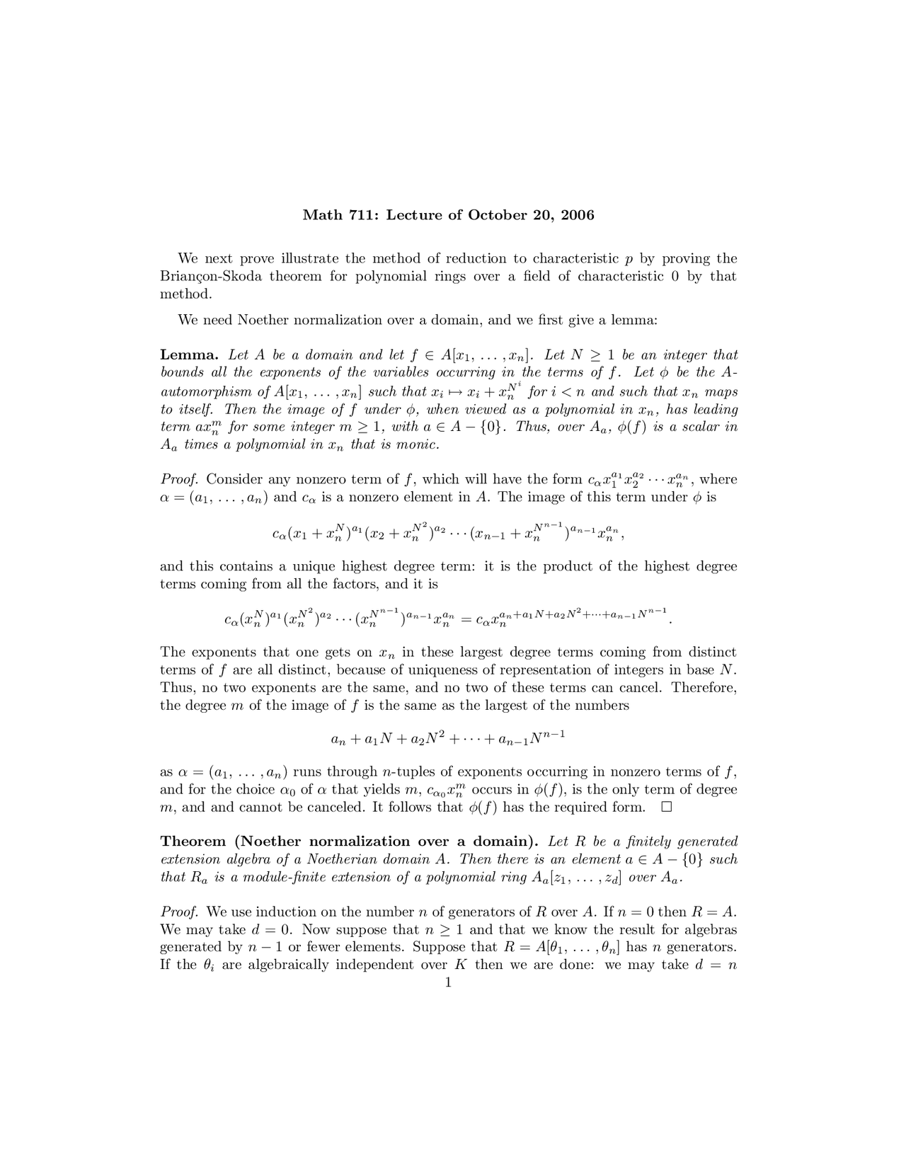 Lemma, Noether Normalization Over a Domain | MATH 711 - Docsity
