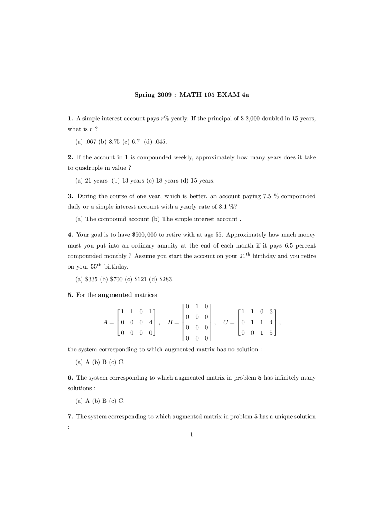 Spring 2009 MATH 105 Exam 4a | Exams Applied Mathematics | Docsity