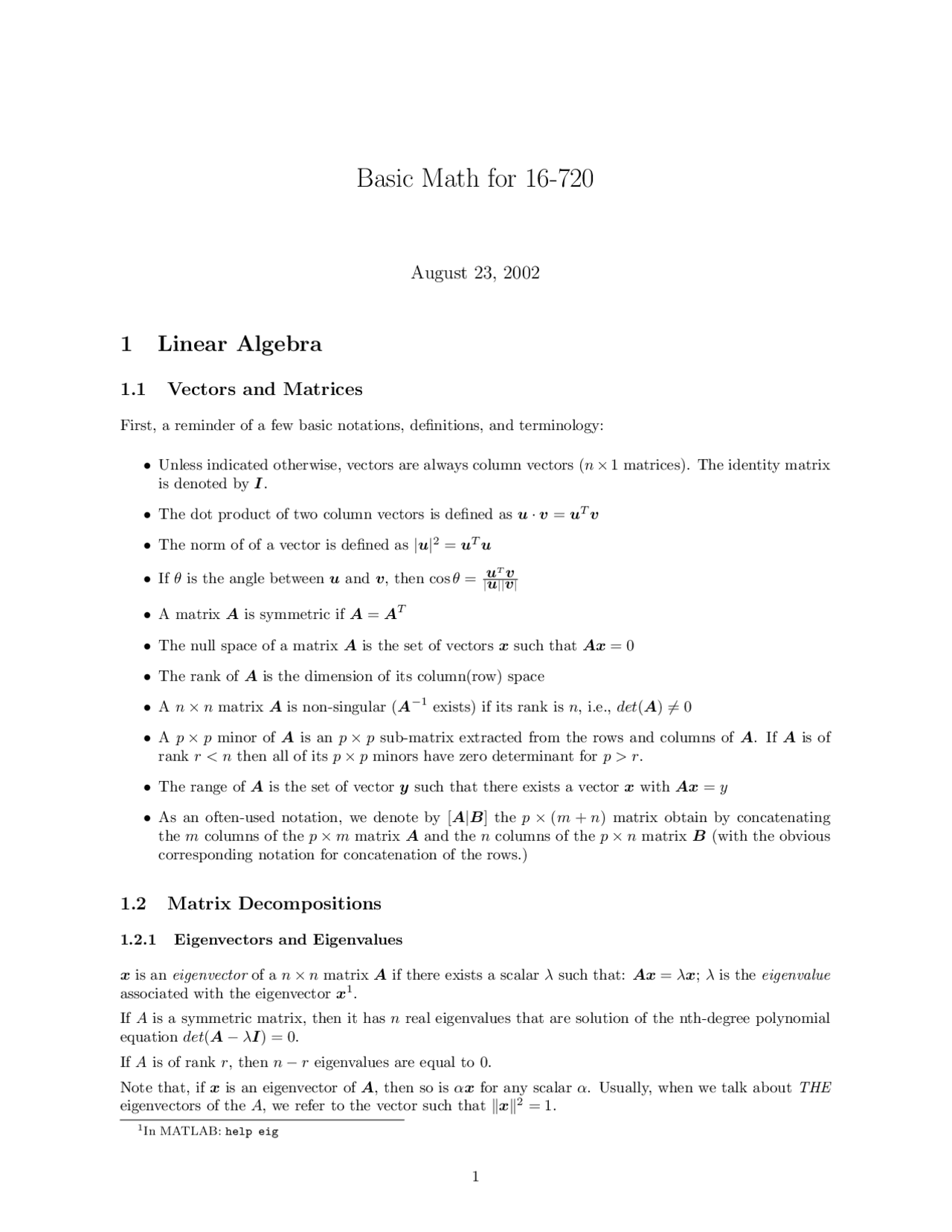 Notes On Linear Algebra Computer Vision 1 Cap 5416 Docsity