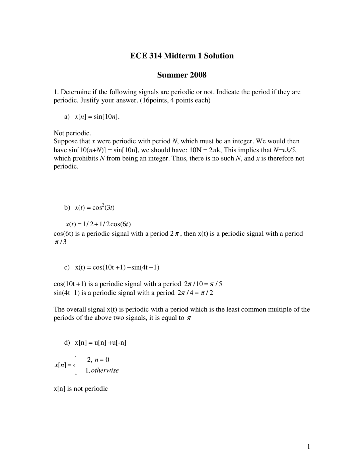 Signals and Systems - Solutions for Midterm 2008 | ECE 314 | Exams ...