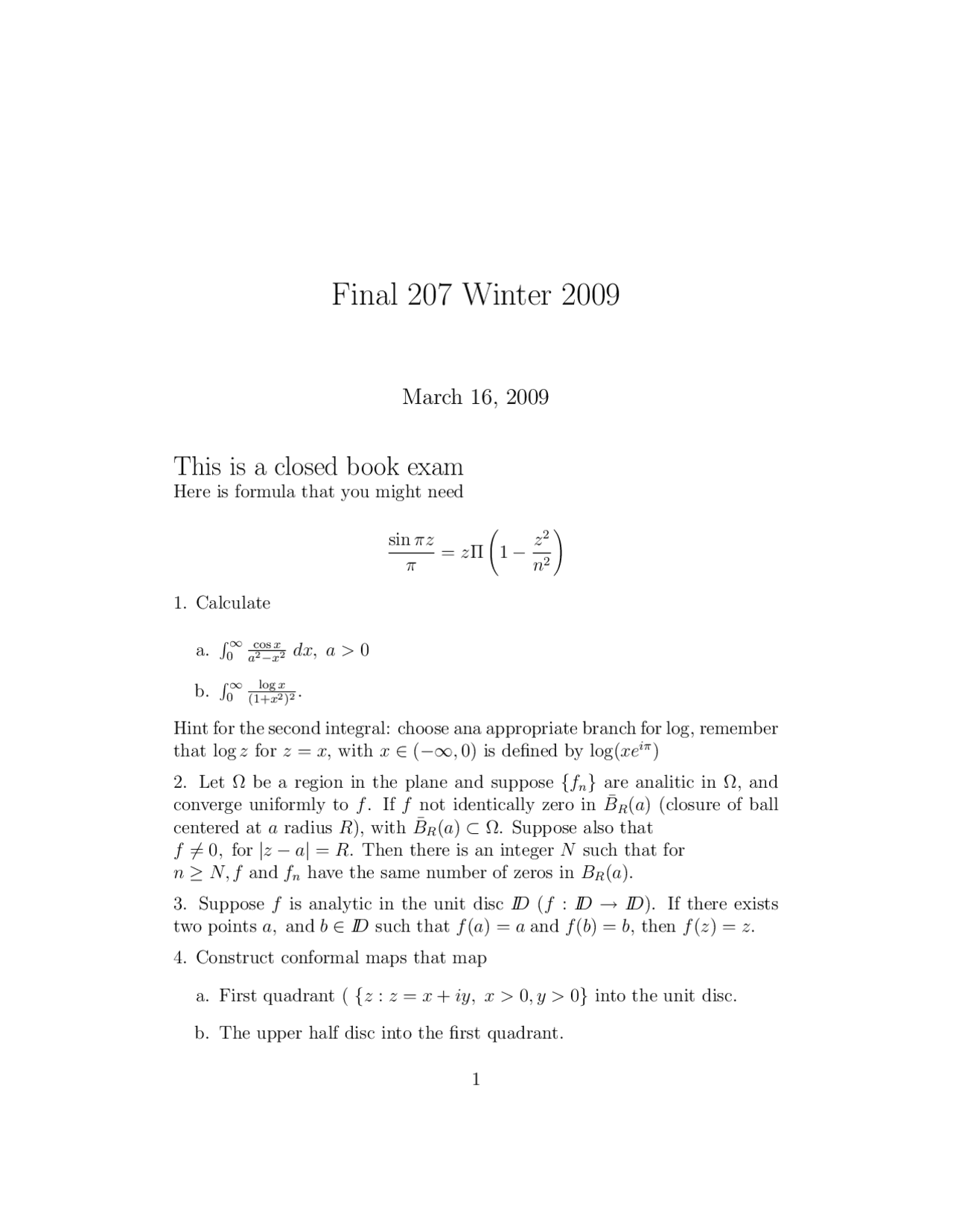 Final Exam For Complex Analysis Math 207 Docsity