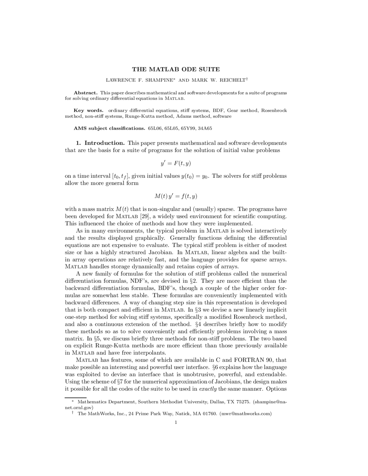 The MATLAB ODE Suite - Lecture Notes | Math 6 | Papers Linear Algebra ...